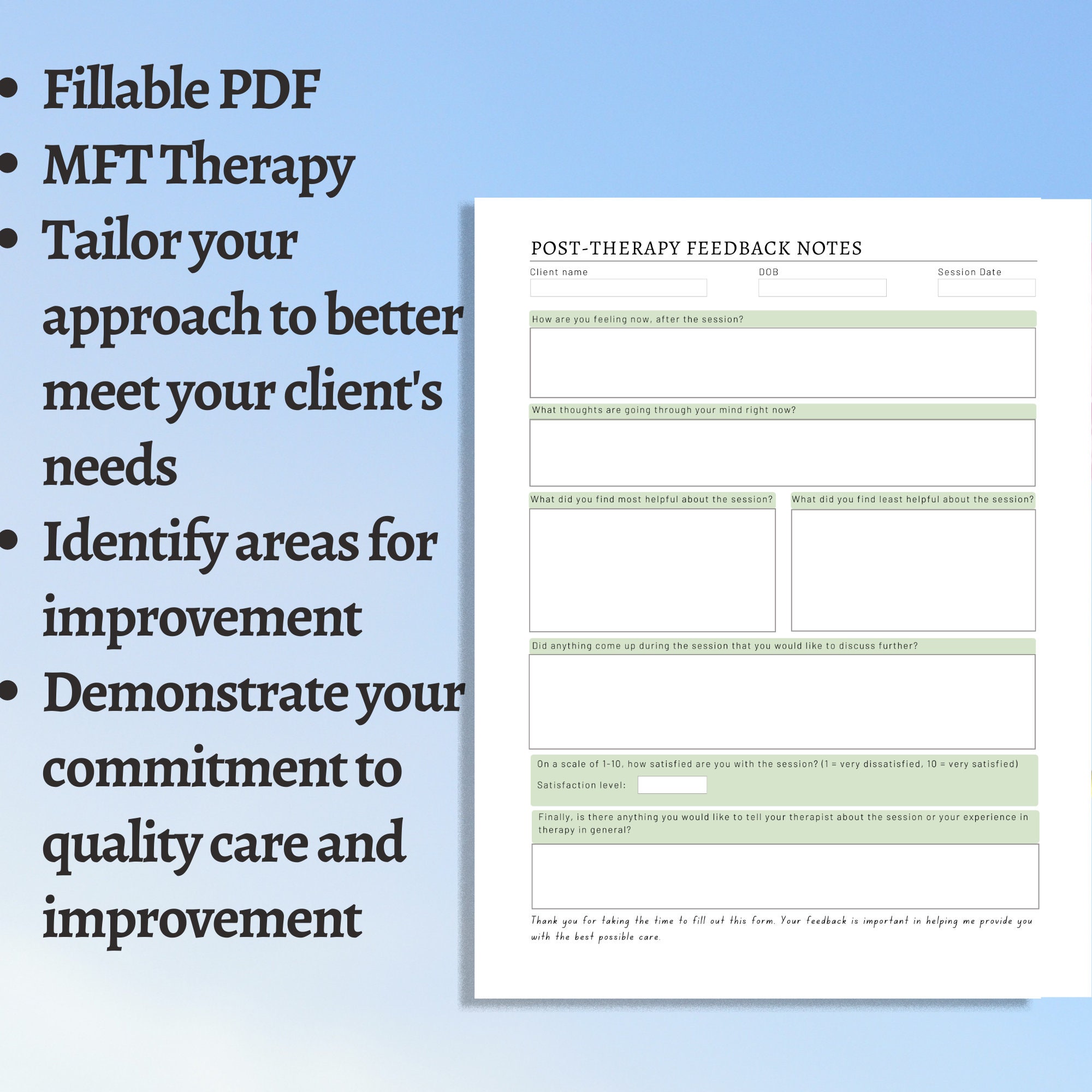 Client Feedback Form for Therapists | Counseling Session Tools | MFT ...