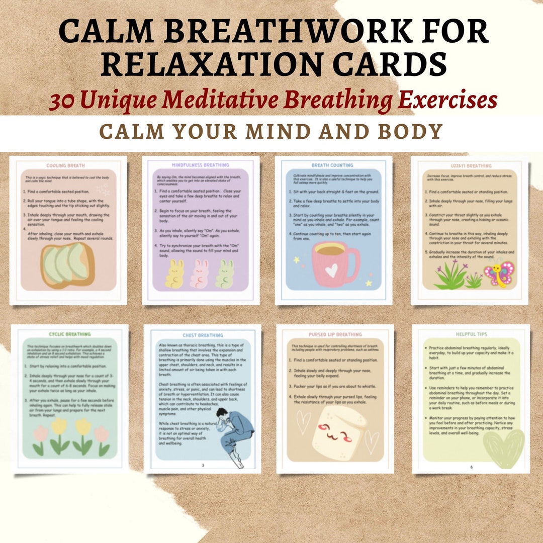 Calm Breathwork for Relaxation Cards | 30 Unique Printable Meditation ...