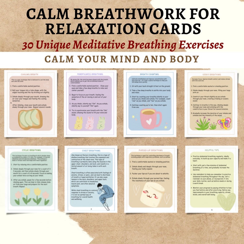 Calm Breathwork for Relaxation Cards | 30 Unique Printable Meditation ...