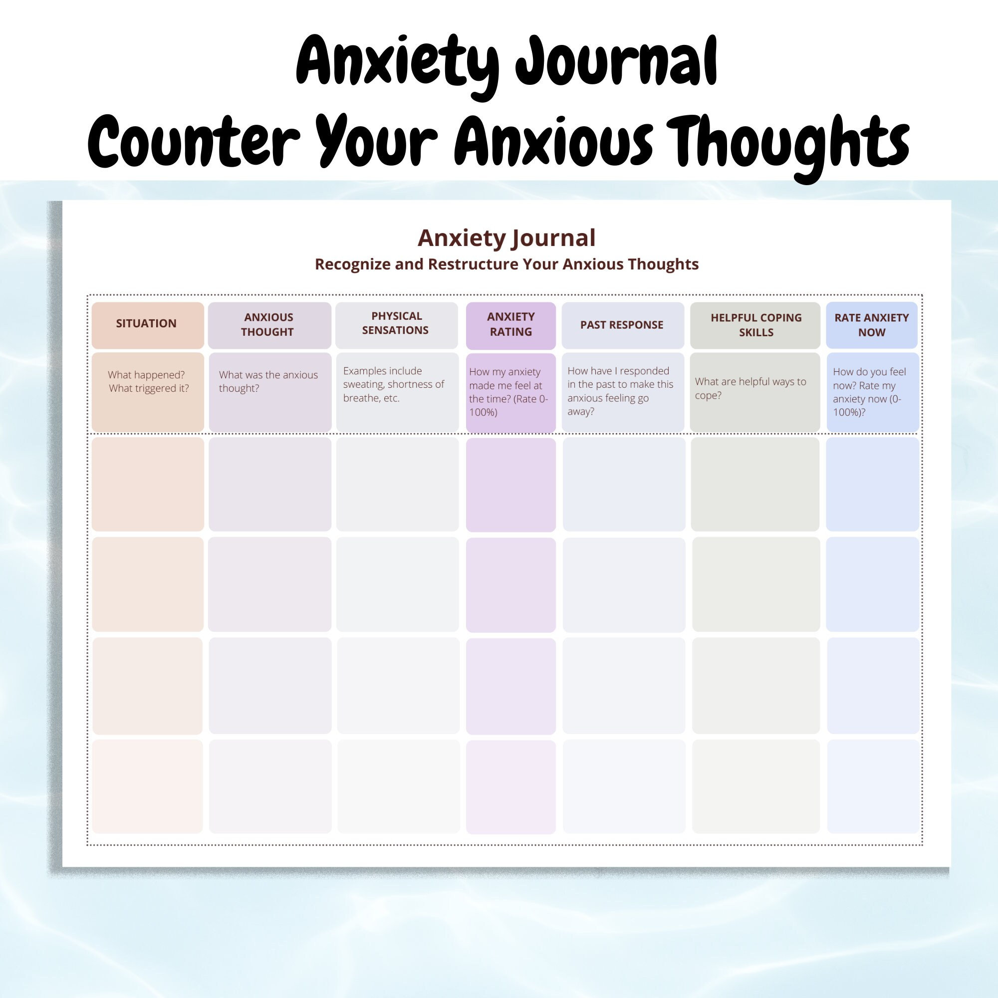 Anxiety Journal CBT Worksheet Counter Your Anxious Thoughts Mental ...