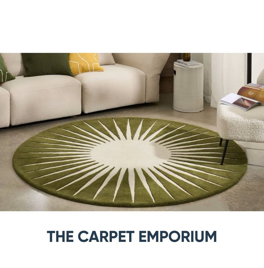 Vaserely Moss Green Round Rug Hand-tufted 100% Wool Handmade Area Rug ...