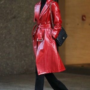 Red Leather Trench Coat Women Genuine Sheepskin Jacket Red Croco Print ...