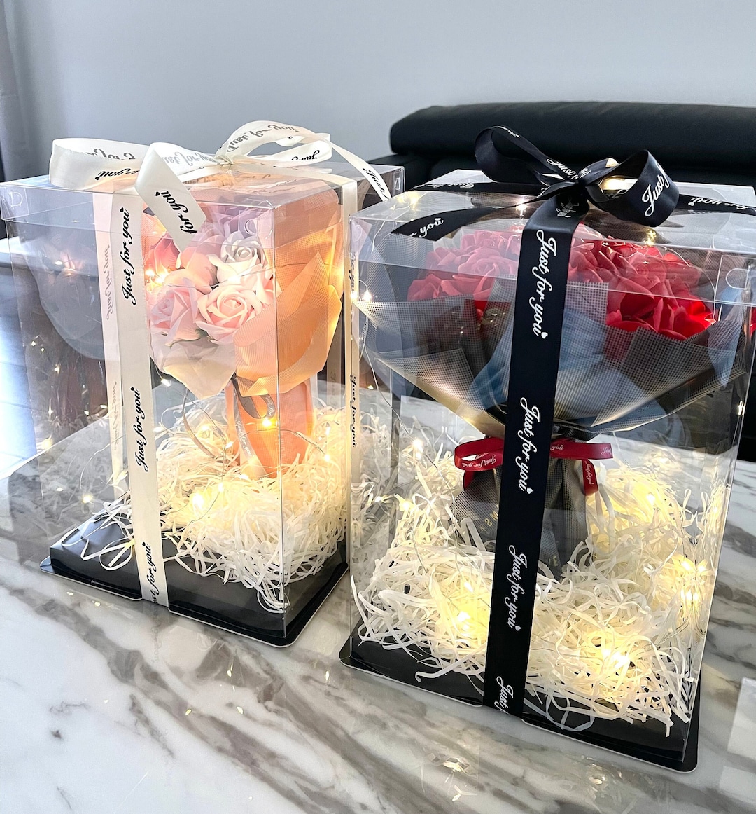 Flower Rose Bouquet Soap Roses in Gift Box Pink / Red Roses With LED ...