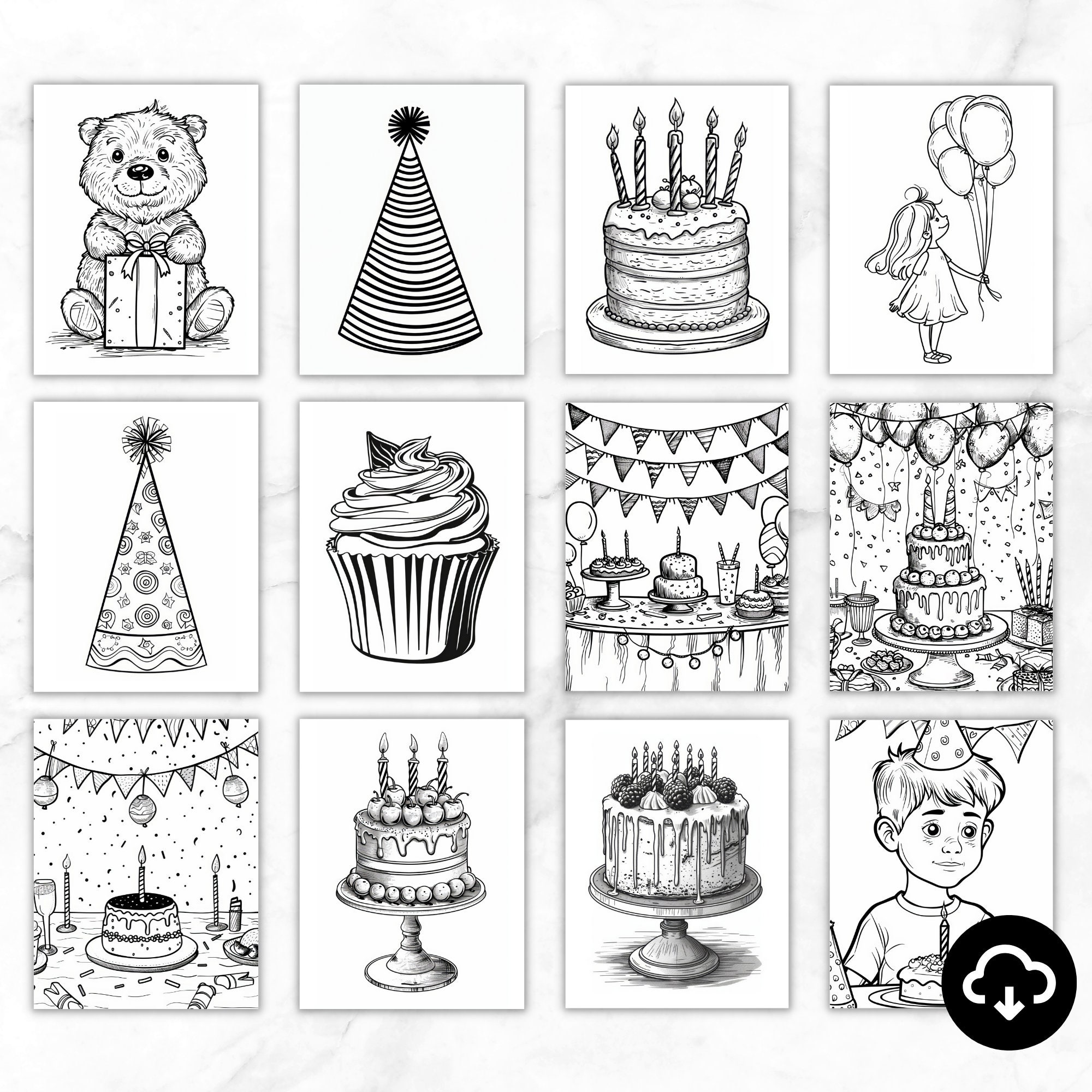 Birthday Party Coloring Pages, Birthday Cake Coloring Book, Printable ...