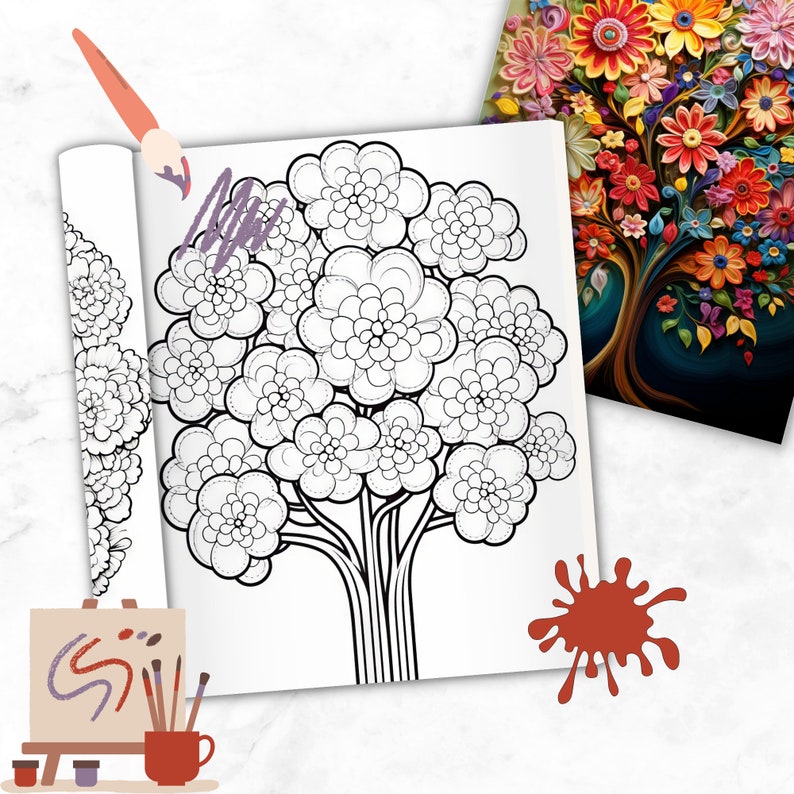 Tree Flowers Coloring Pages, Tree Flower Coloring Book, Printable Color ...