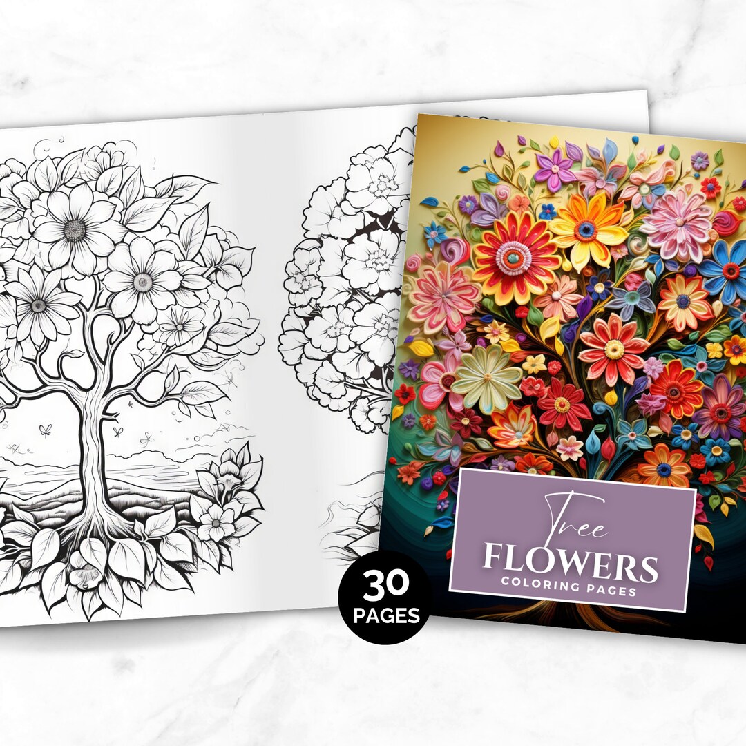 Tree Flowers Coloring Pages, Tree Flower Coloring Book, Printable Color ...