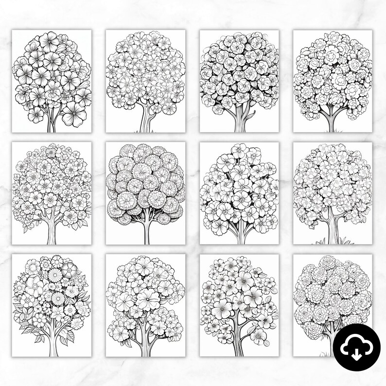 Tree Flowers Coloring Pages, Tree Flower Coloring Book, Printable Color ...