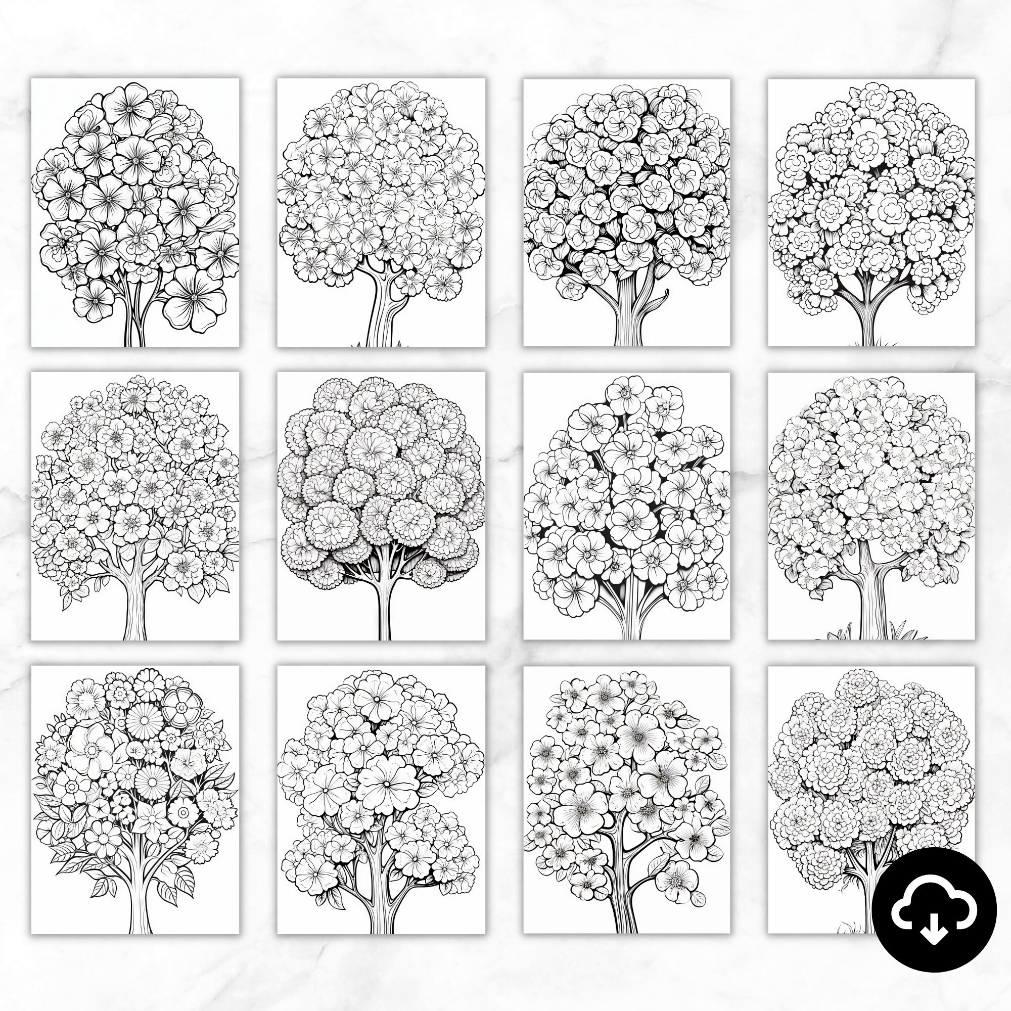 Tree Flowers Coloring Pages, Tree Flower Coloring Book, Printable Color ...