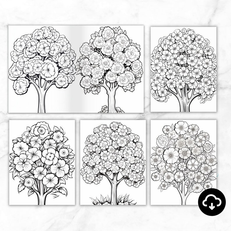 Tree Flowers Coloring Pages, Tree Flower Coloring Book, Printable Color ...