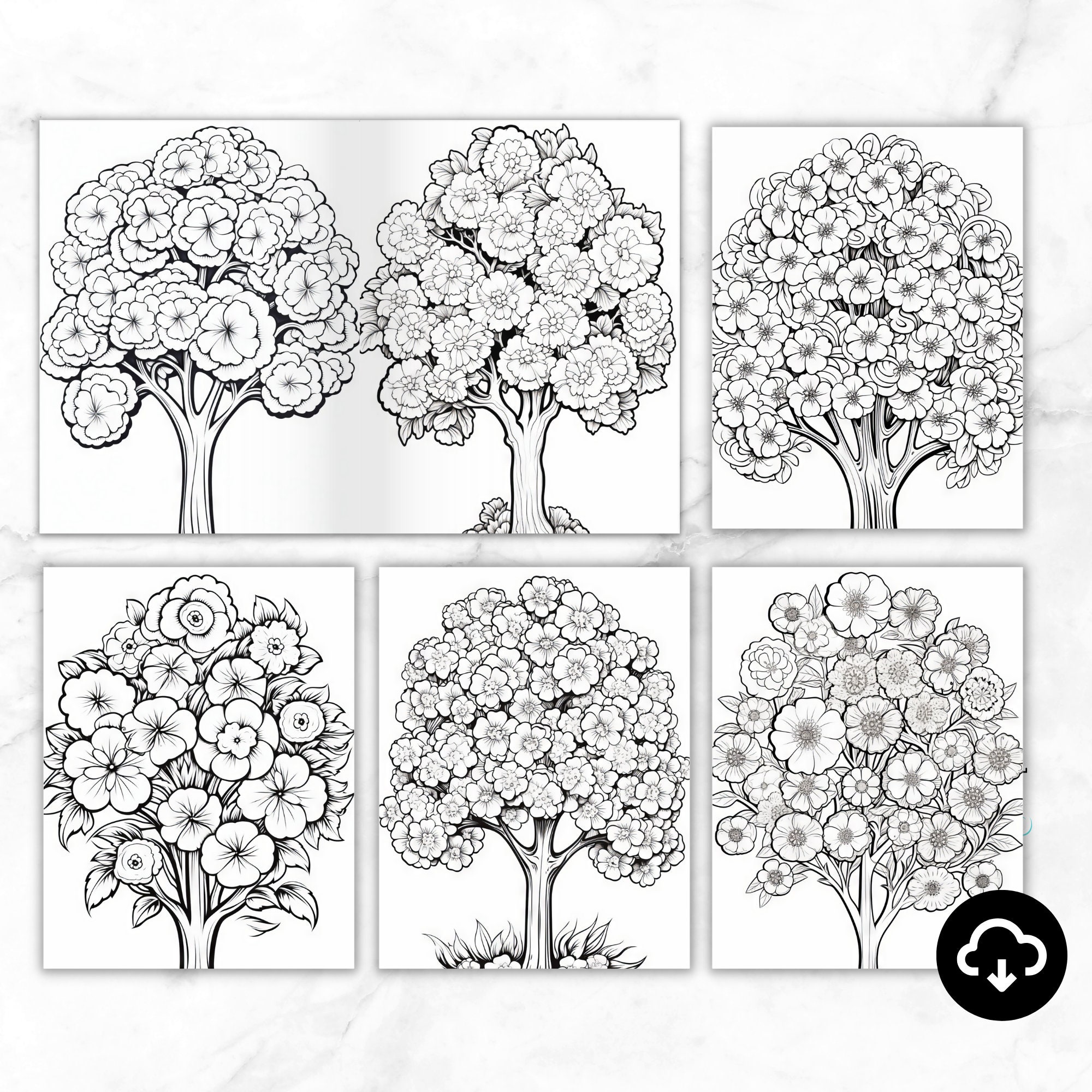 Tree Flowers Coloring Pages, Tree Flower Coloring Book, Printable Color ...