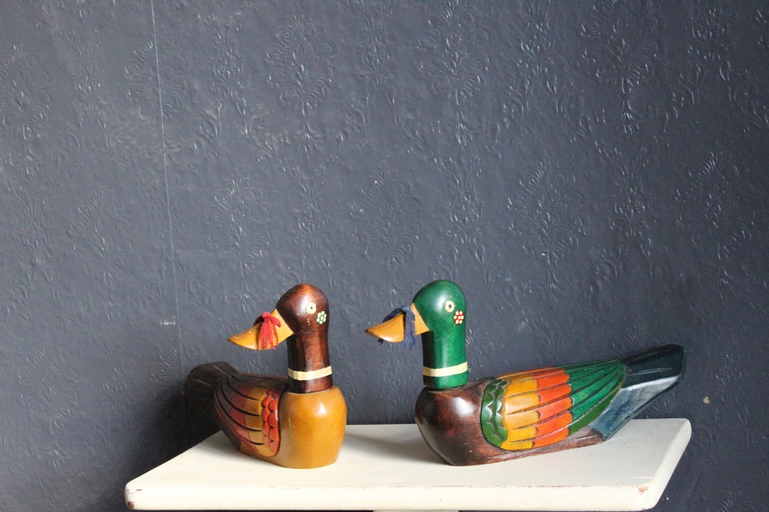 Colorful Pair of Curly Ducks Made of Wood With Rotating Heads - Etsy
