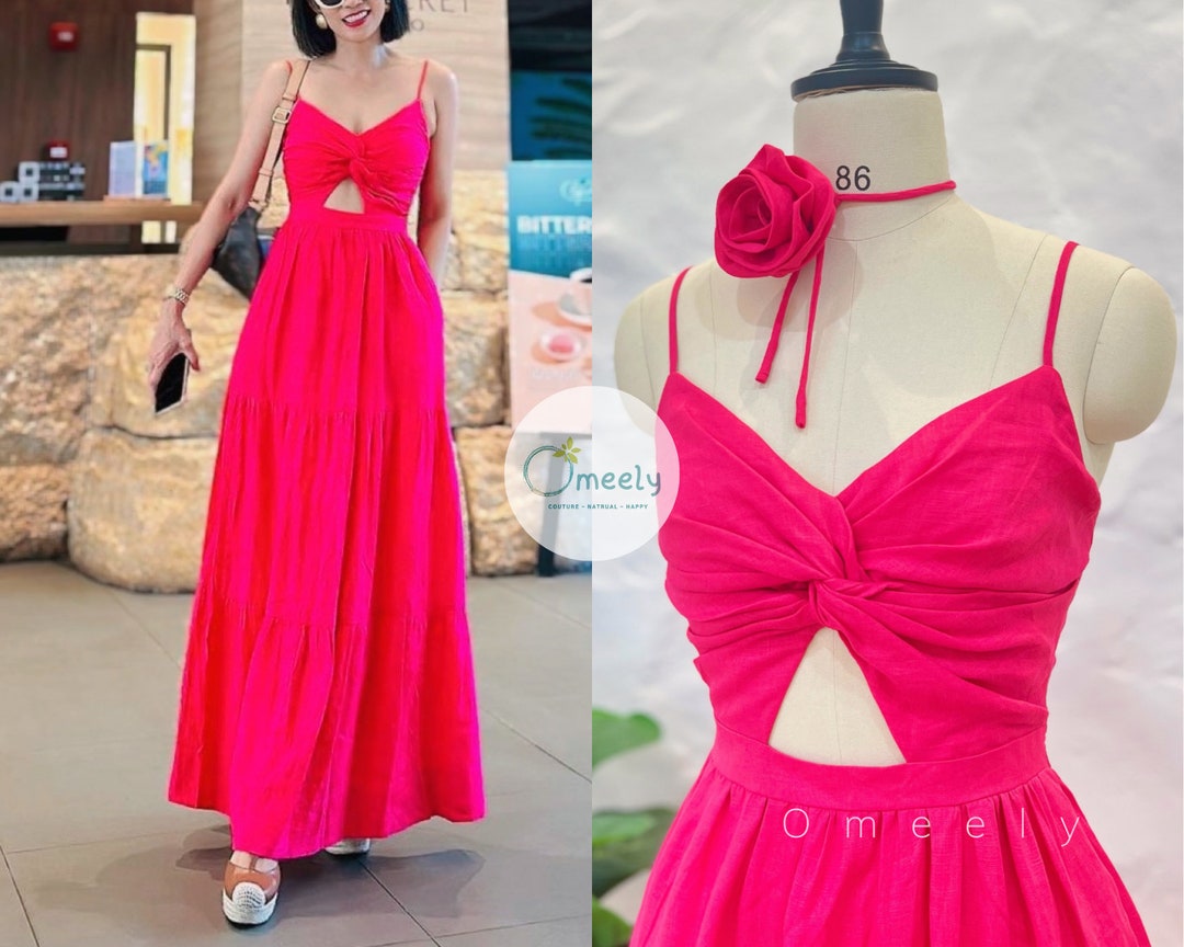 Hot Pink Beach Dress Cutout Dress Linen Maxi Dress Sundress With ...