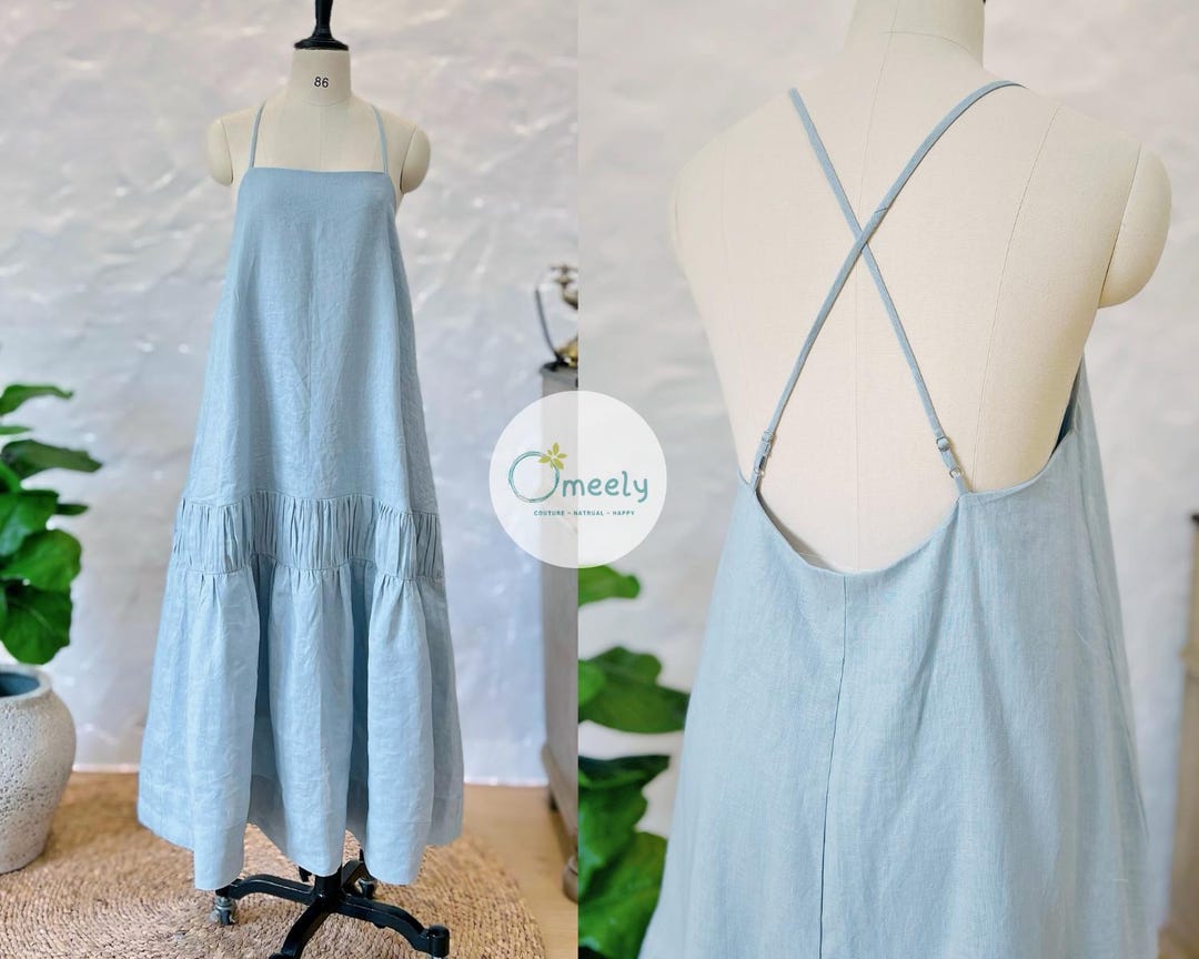 Backless Linen Dress Linen Maxi Dress Linen Slip Dress With Pockes ...