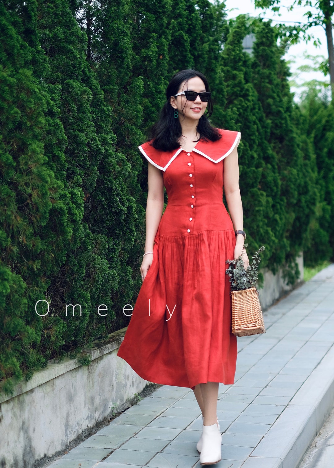 Peter Pan Neck Dress With Pockets Linen Dress Minimalist Custom Linen ...