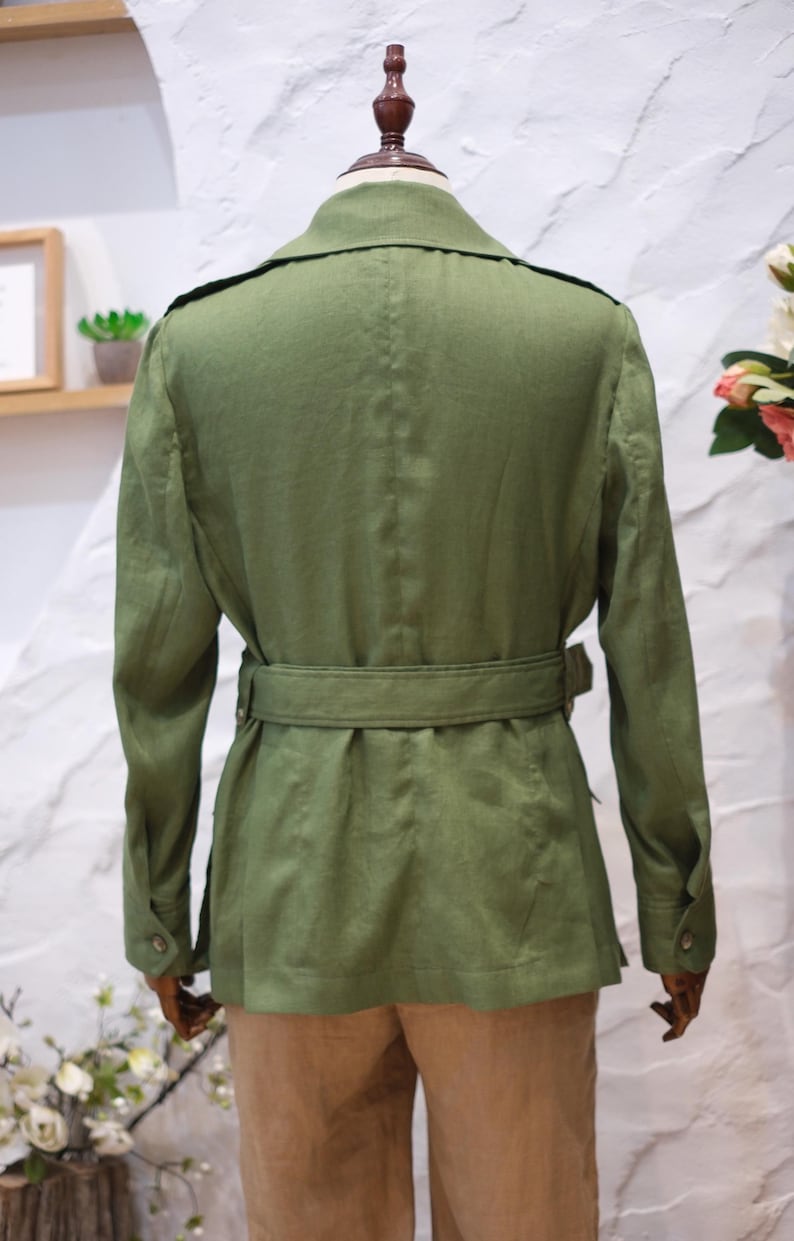 Green Linen Safari Jacket Men, Belted Field Coat for Summer Wedding ...