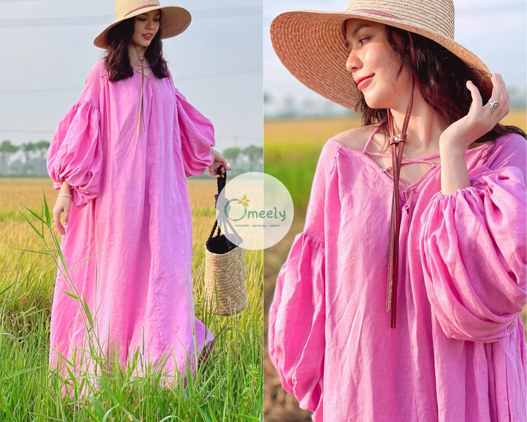 Pink Linen Dress Linen Maxi Dress With Pockets Oversized Dress