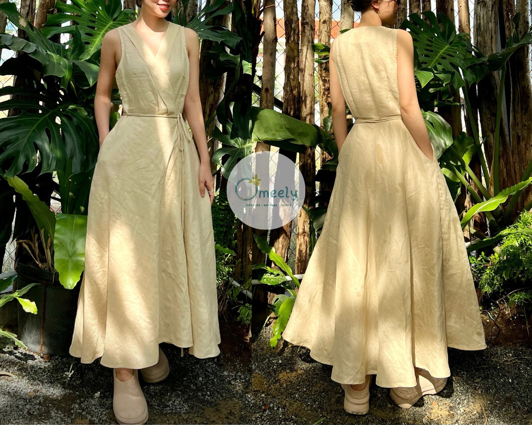 Linen Wrap Dress Cream Summer Dress Dara V-neck Linen Dress With ...
