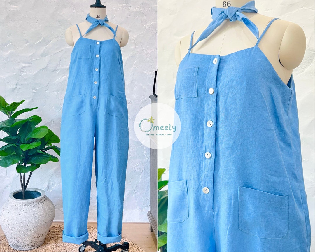Ocean Blue Linen Playsuit Linen Jumpsuits for Women Linen Baggy Linen ...