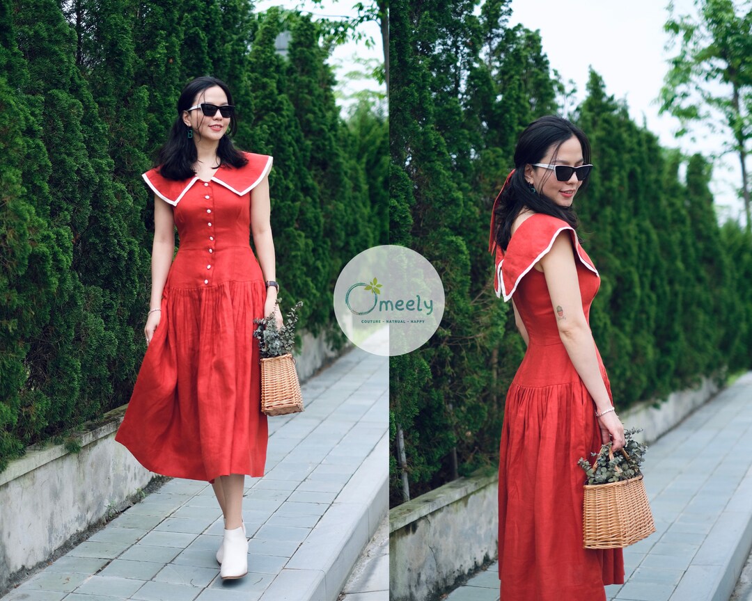 Peter Pan Neck Dress With Pockets Linen Dress Minimalist Custom Linen ...