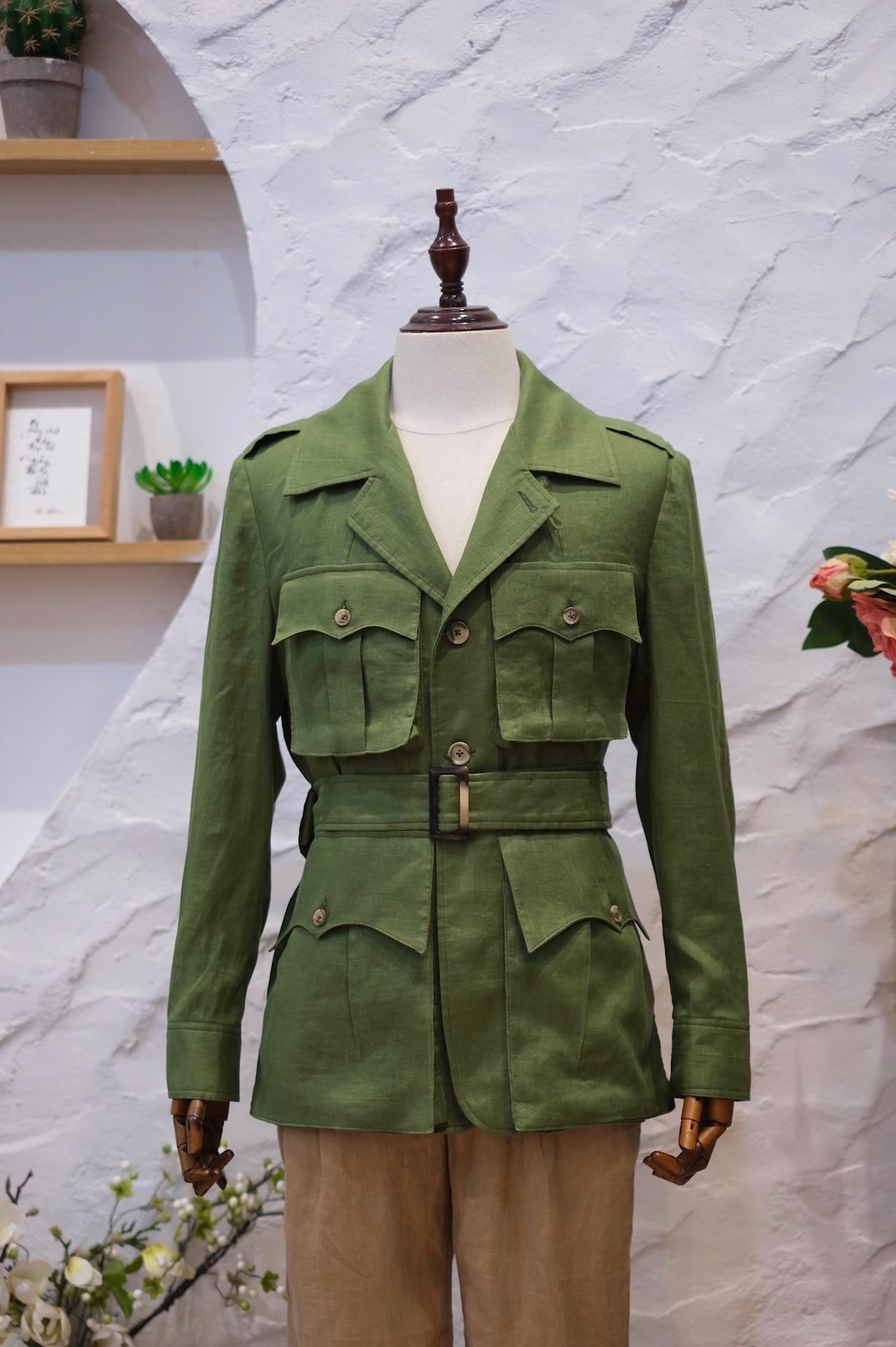 Green Linen Safari Jacket Men, Belted Field Coat for Summer Wedding ...