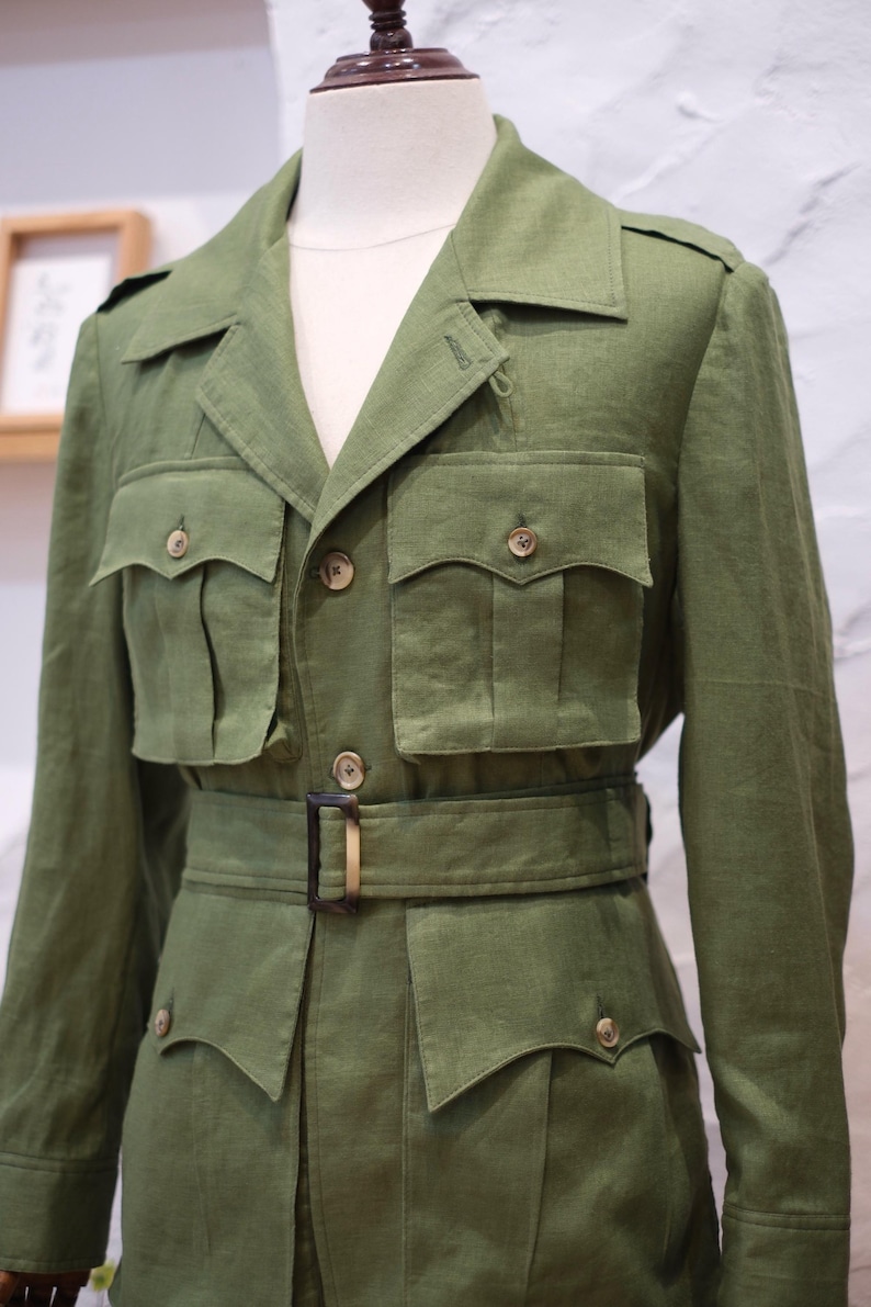 Green Linen Safari Jacket Men, Belted Field Coat for Summer Wedding ...