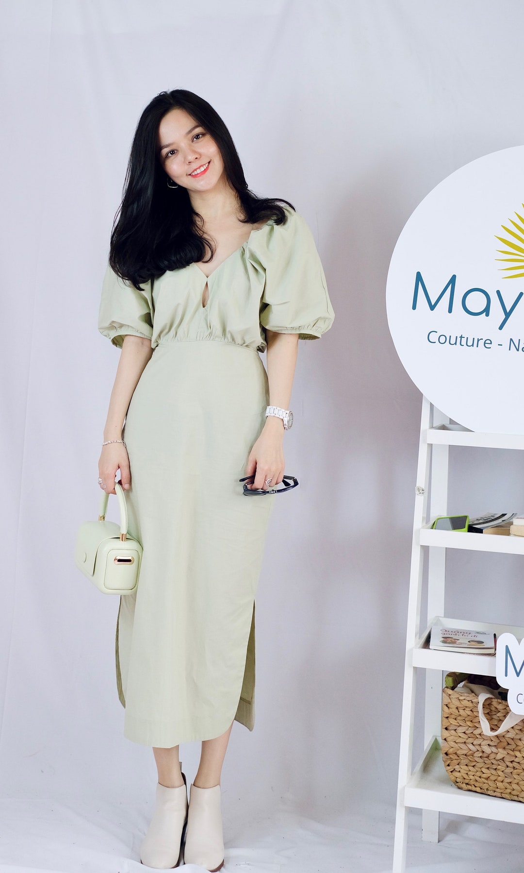 Keyhole Linen Dress Puff Sleeve Dress Summer Dress Deep V Neck Dress ...