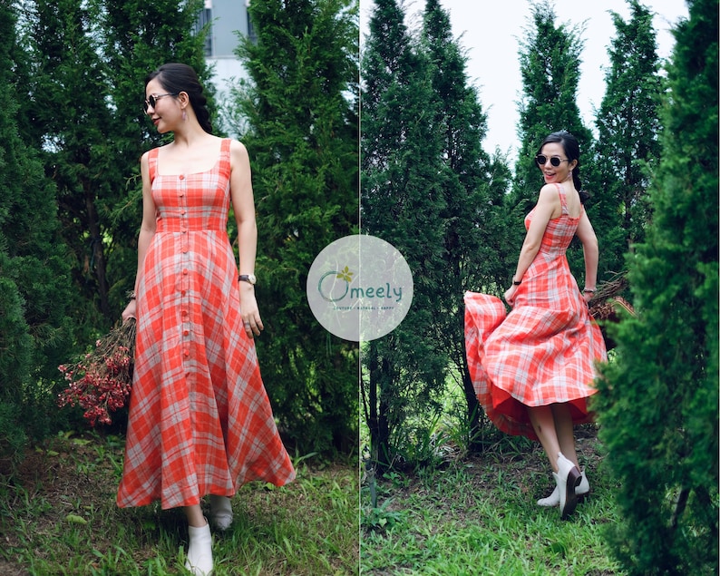 Vintage Linen Dress Plaid Dress Square Dress Minimalist Vacation Dress ...