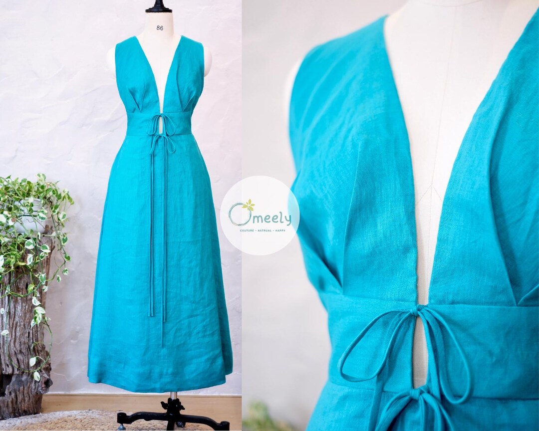 Deep V Linen Dress With Pockets Bridemaid Dress Linen Cocktail Dress ...