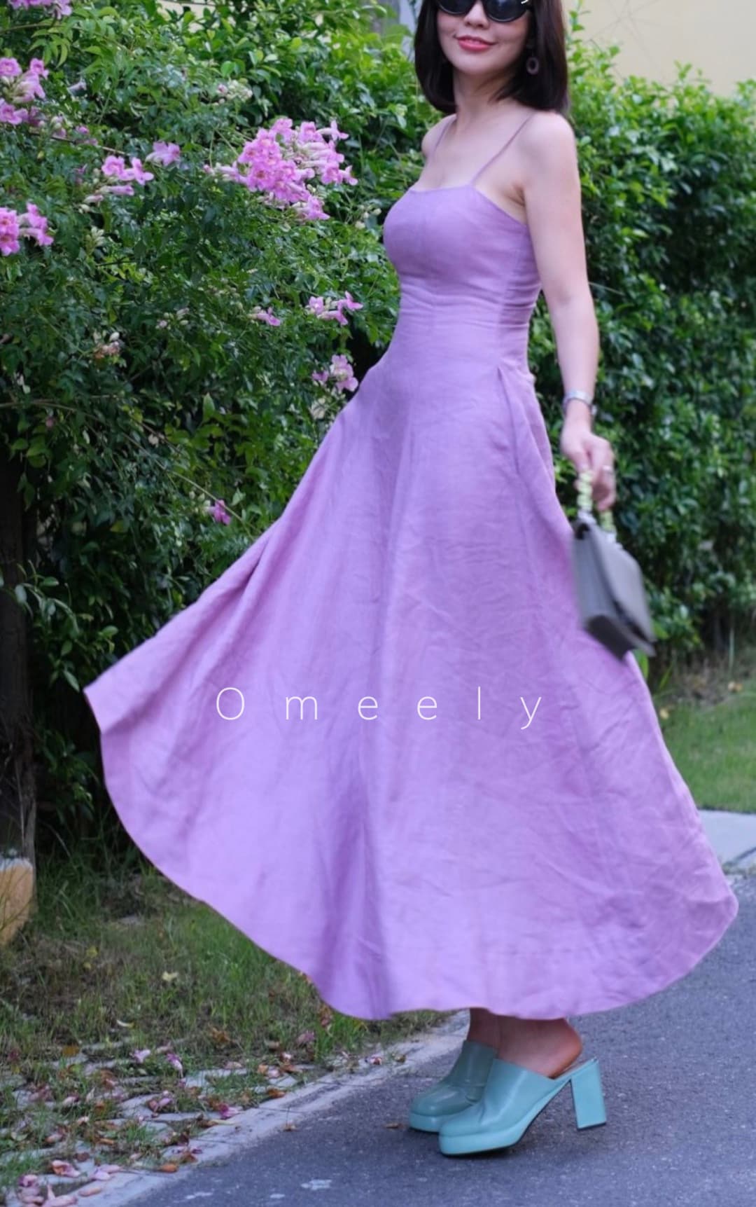 Linen Midi Dress Women's Summer Dress Lavender Purple Dress Linen Strap ...