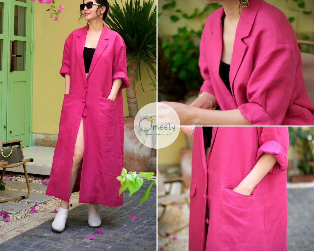 Luxury Linen Coat Women Fall Jacket Hot Pink Linen Dress Etsy