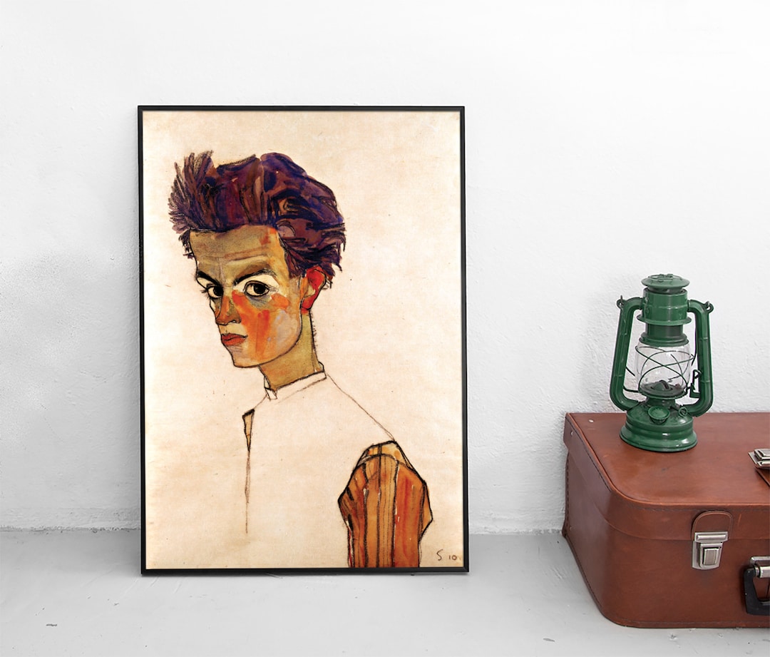 Poster Painting Egon Schiele "self-portrait With Striped Shirt" - Etsy