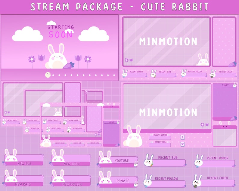 ANIMATED Cute Bunny Twitch Overlay Full Stream Package / Rabbit Screen ...