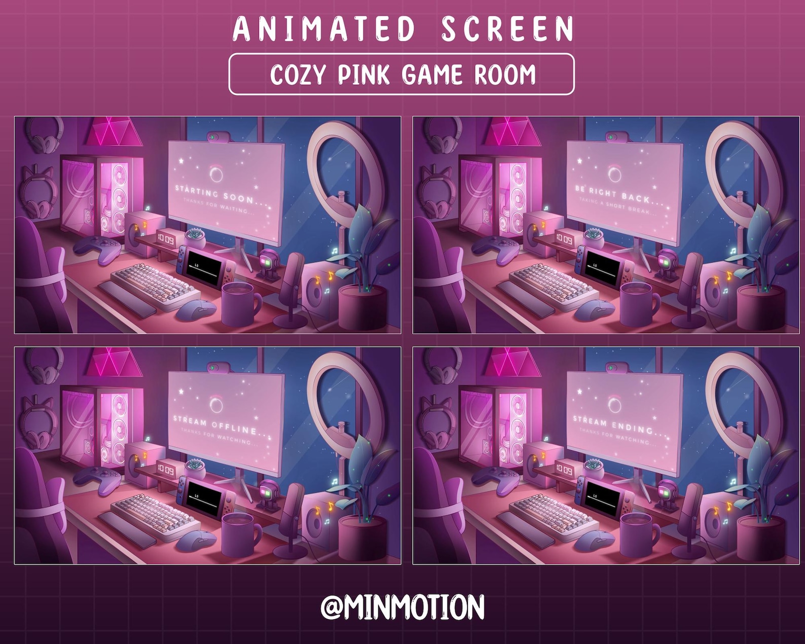 Animated Cozy Pink Game Room Twitch Screen / Gamer Twitch Overlay ...