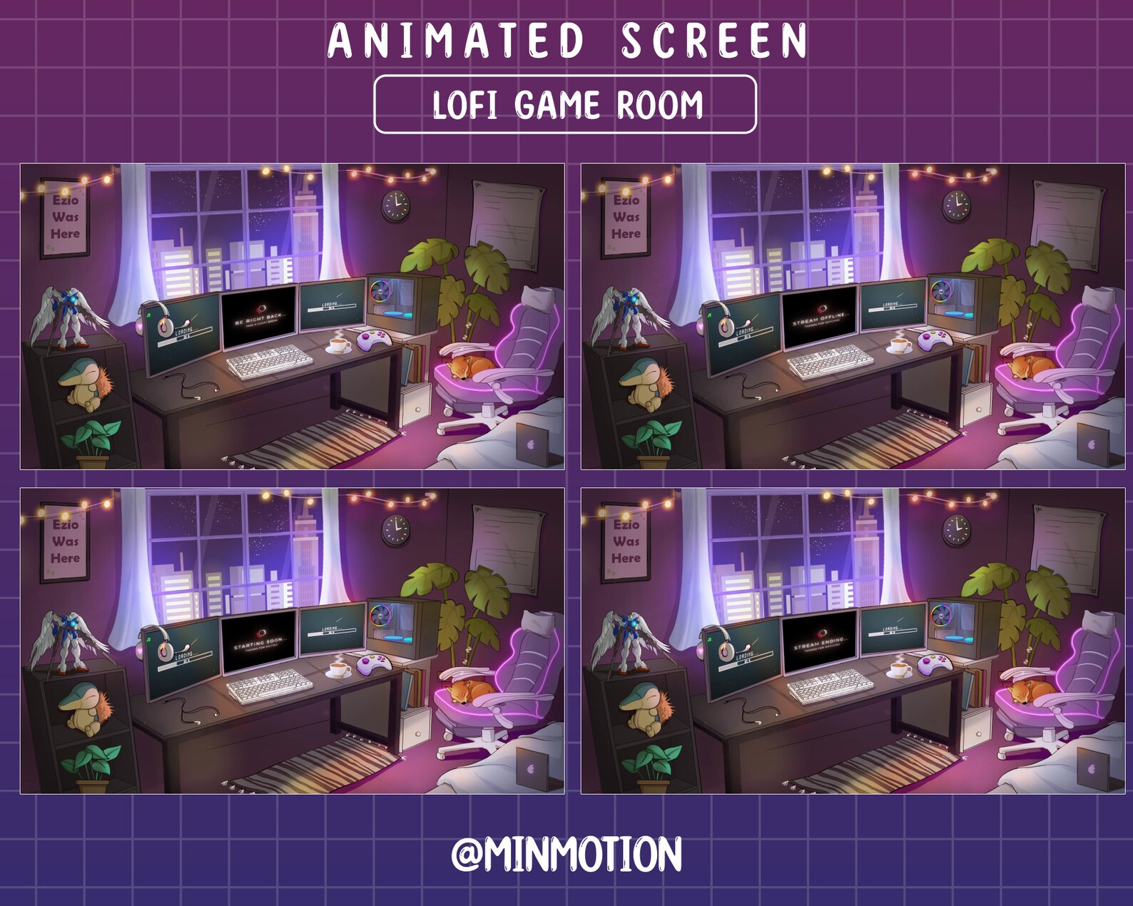 Animated Purple Gaming Room Twitch Stream Full Package / Lofi Aesthetic ...