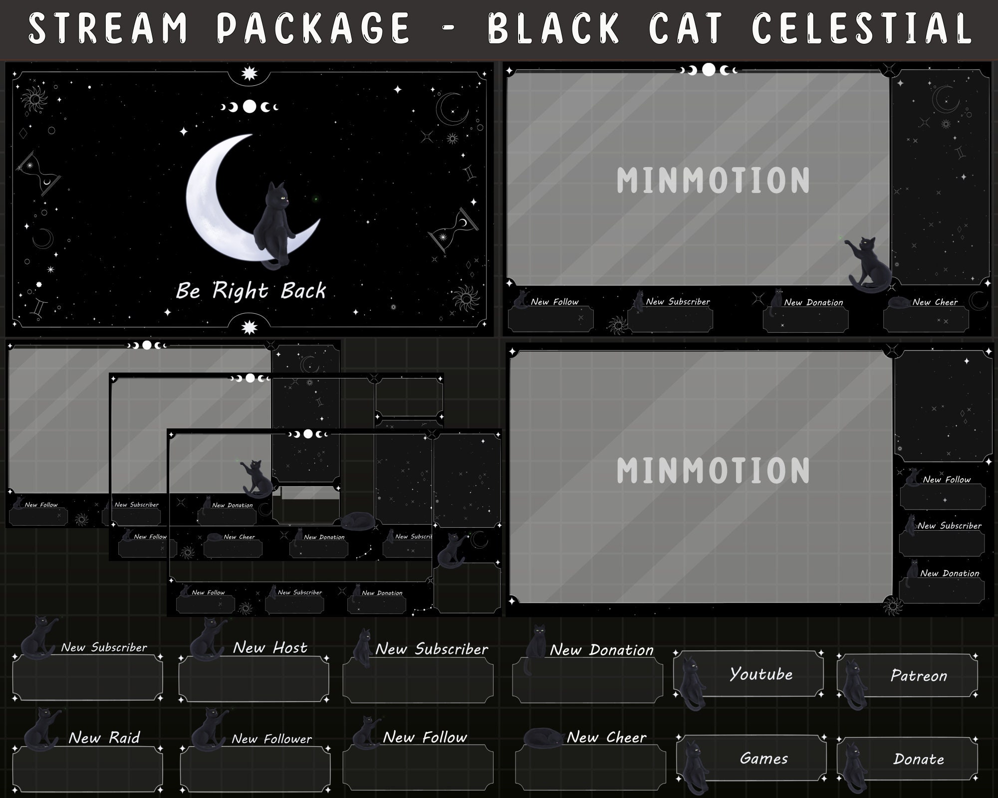 FULL ANIMATED Black Cat Twitch Stream Package/ Celestial Night Overlays ...