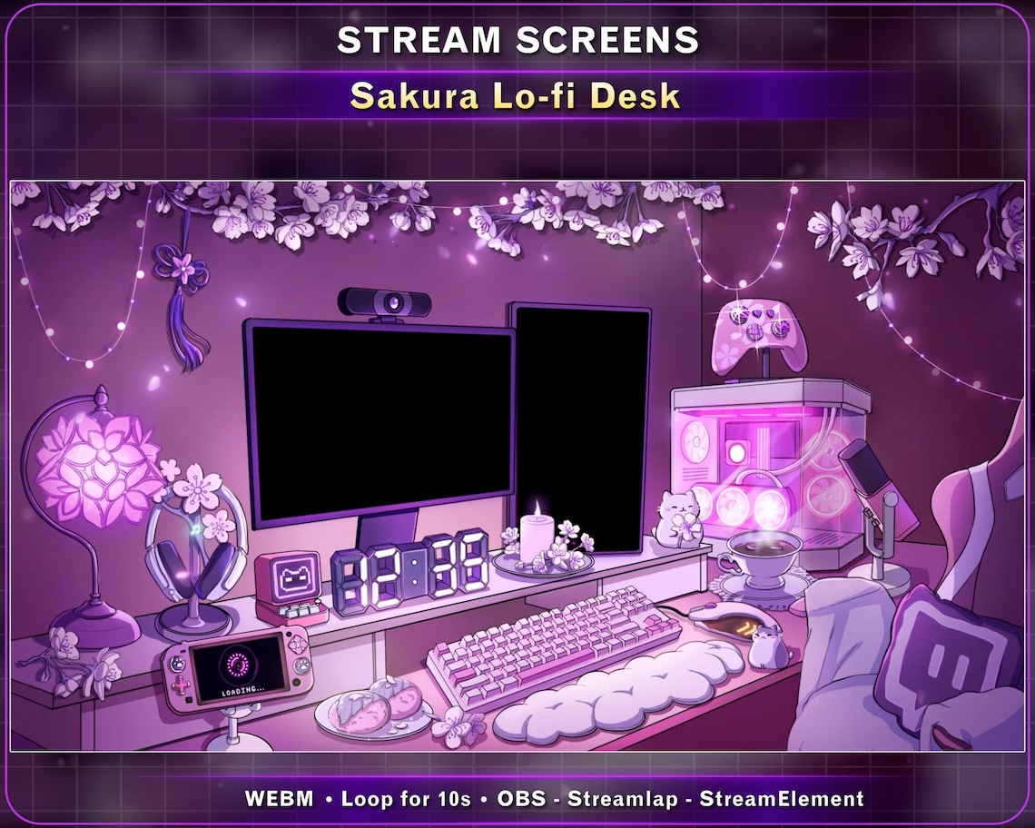 Animated Spring Sakura Lofi Desk Stream Screens, Cozy Pink Cherry ...