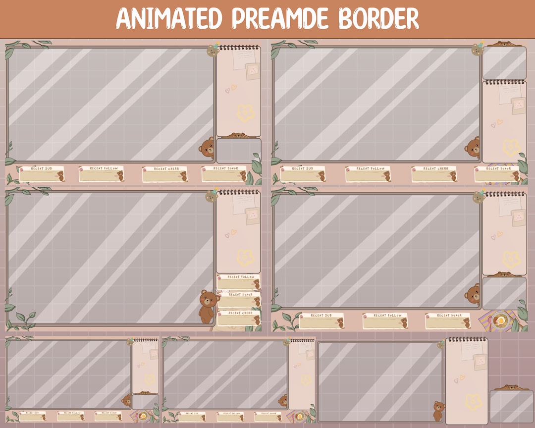 6x Animated Cute Cozy Bear Twitch Screen Overlay Premade Border Twitch ...