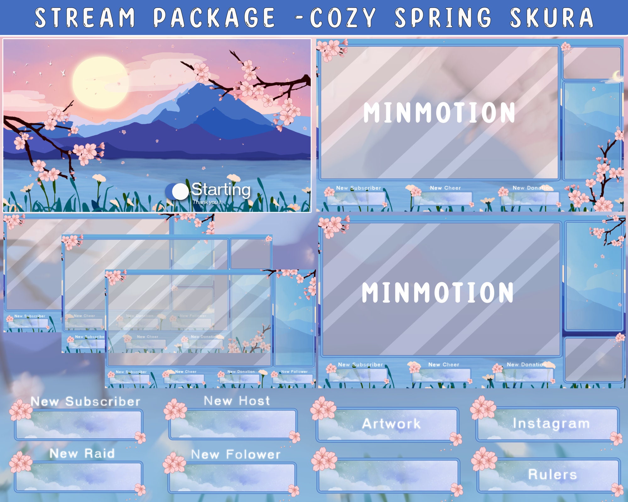 Animated Sakura Cherry Blossom Twitch Stream Package / Blue Cozy Spring ...