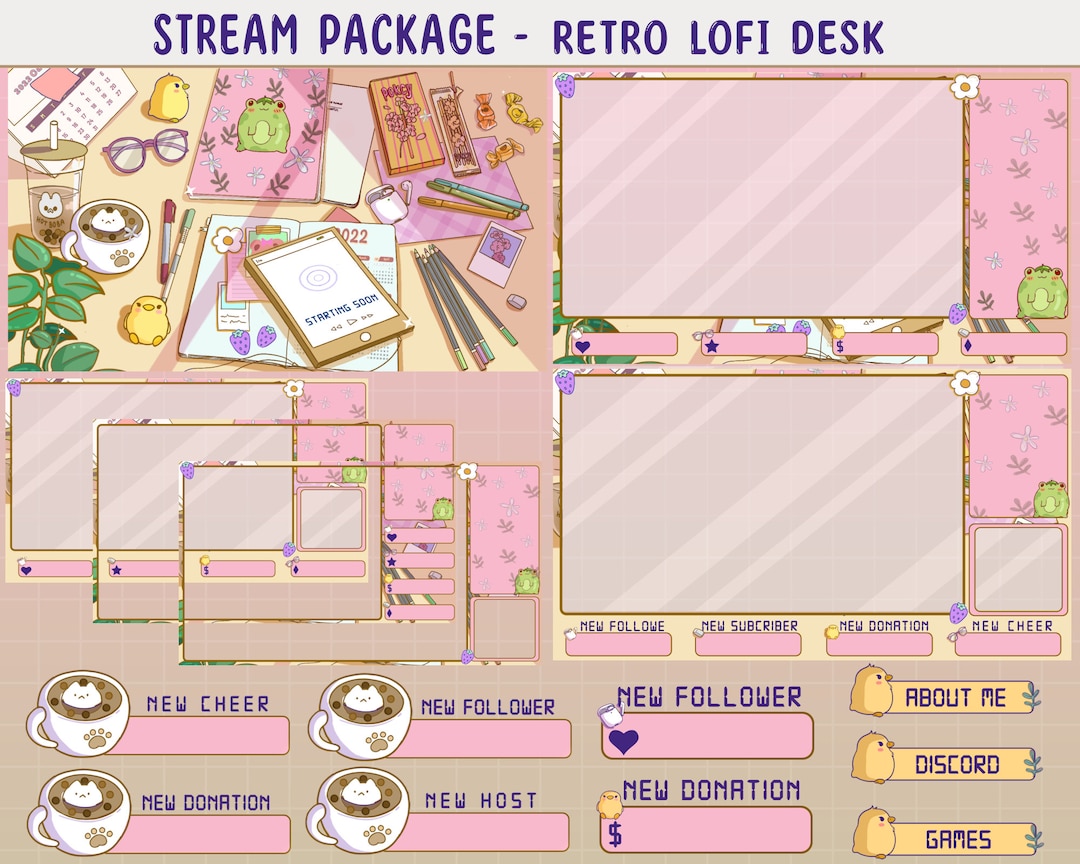 FULL ANIMATED Retro Lofi Desk Twitch Stream Package / Pastel Overlay ...