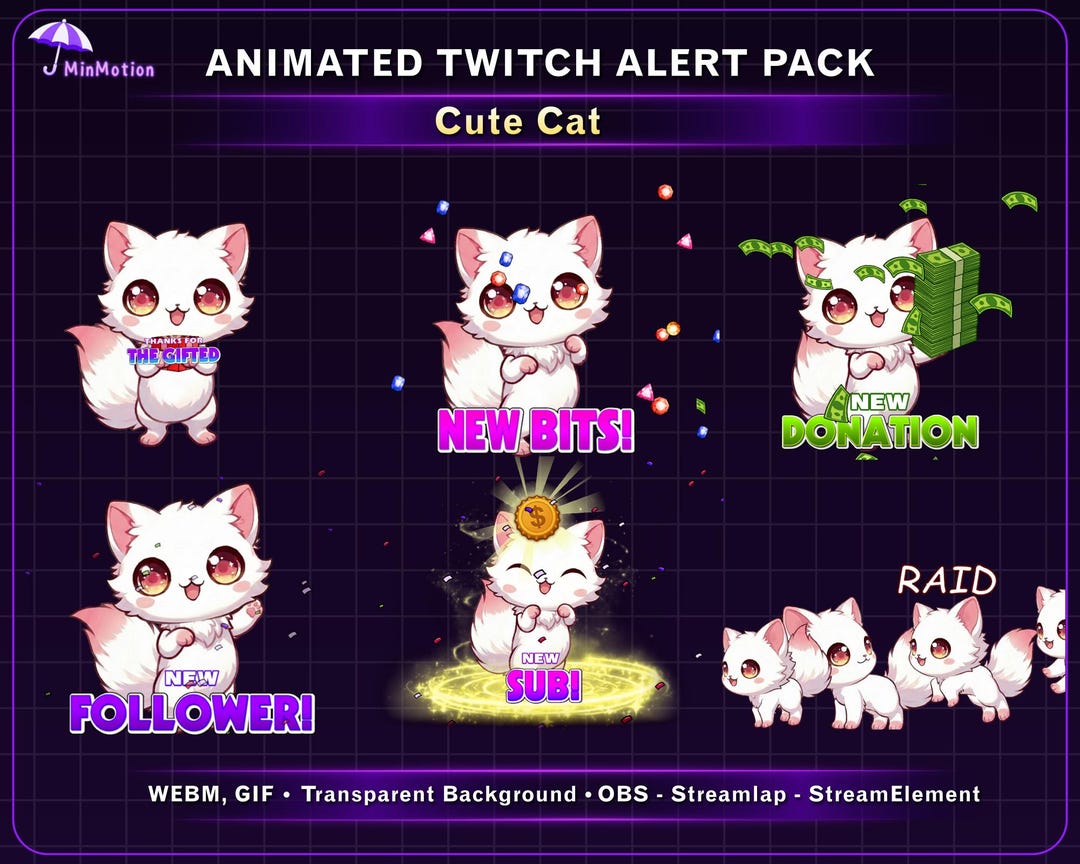 Animated Cute Cat Twitch Alert Pack, Chibi Cat Alert Bundle, Funny ...