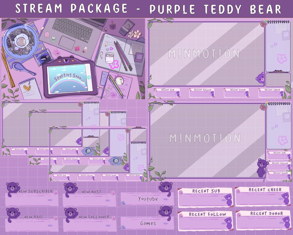 FULL ANIMATED Cute Purple Bear Twitch Stream Package Overlay / Retro ...