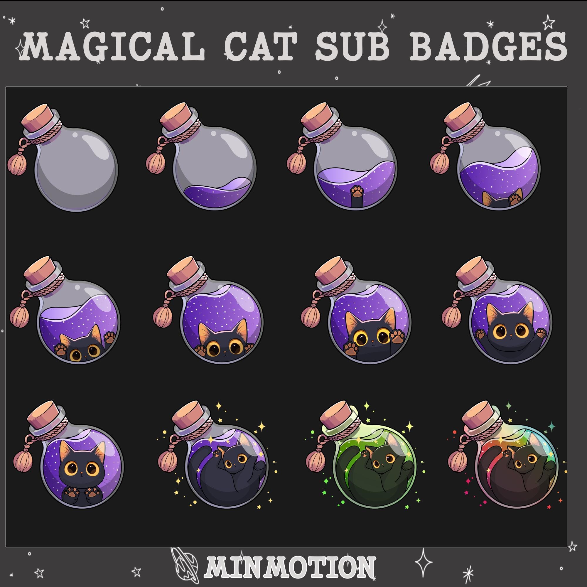 Magical Cat Twitch Sub Badges / Cute Potion Black Cat Cheer Badges ...
