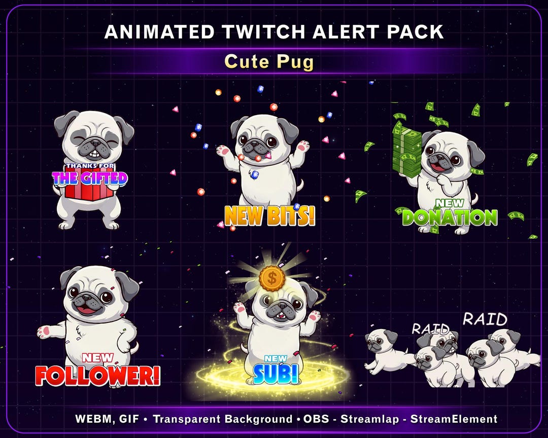 Animated Cute Pug Twitch Alert Pack, Dog Alert Bundle, Funny Twitch ...