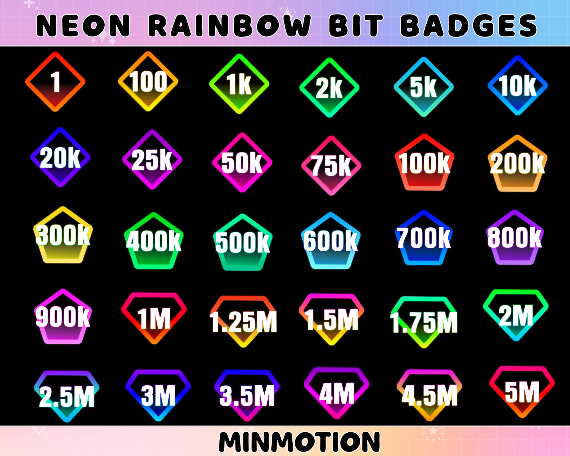 Neon Number Twitch Bit Badges / Rainbow Neon Sub Badges / - Etsy