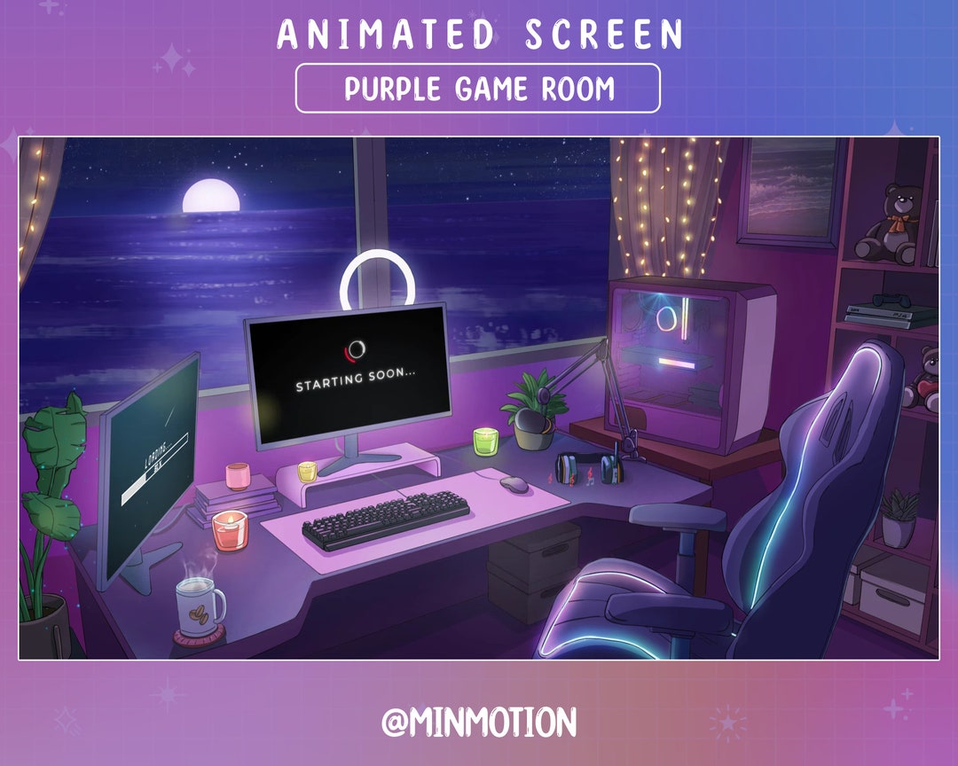Animated Sea View Game Room Twitch Screen / Purple PC Setup Room ...