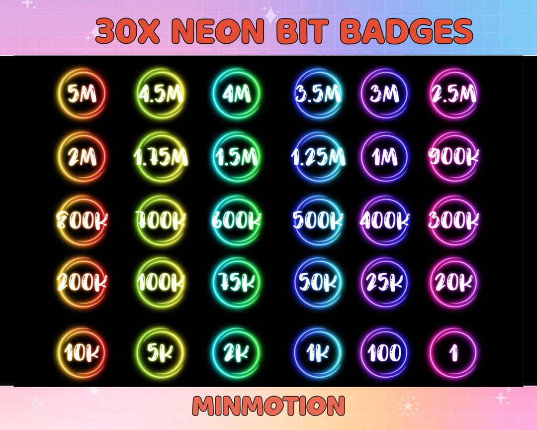 30x Number Neon Twitch Tier Bit Badges/ Complete Twitch Bit Badges Set ...
