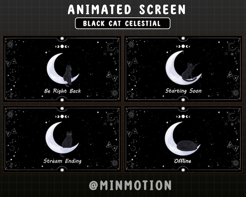Animated Black Cat Twitch Stream Screen / Celestial Night Overlays ...