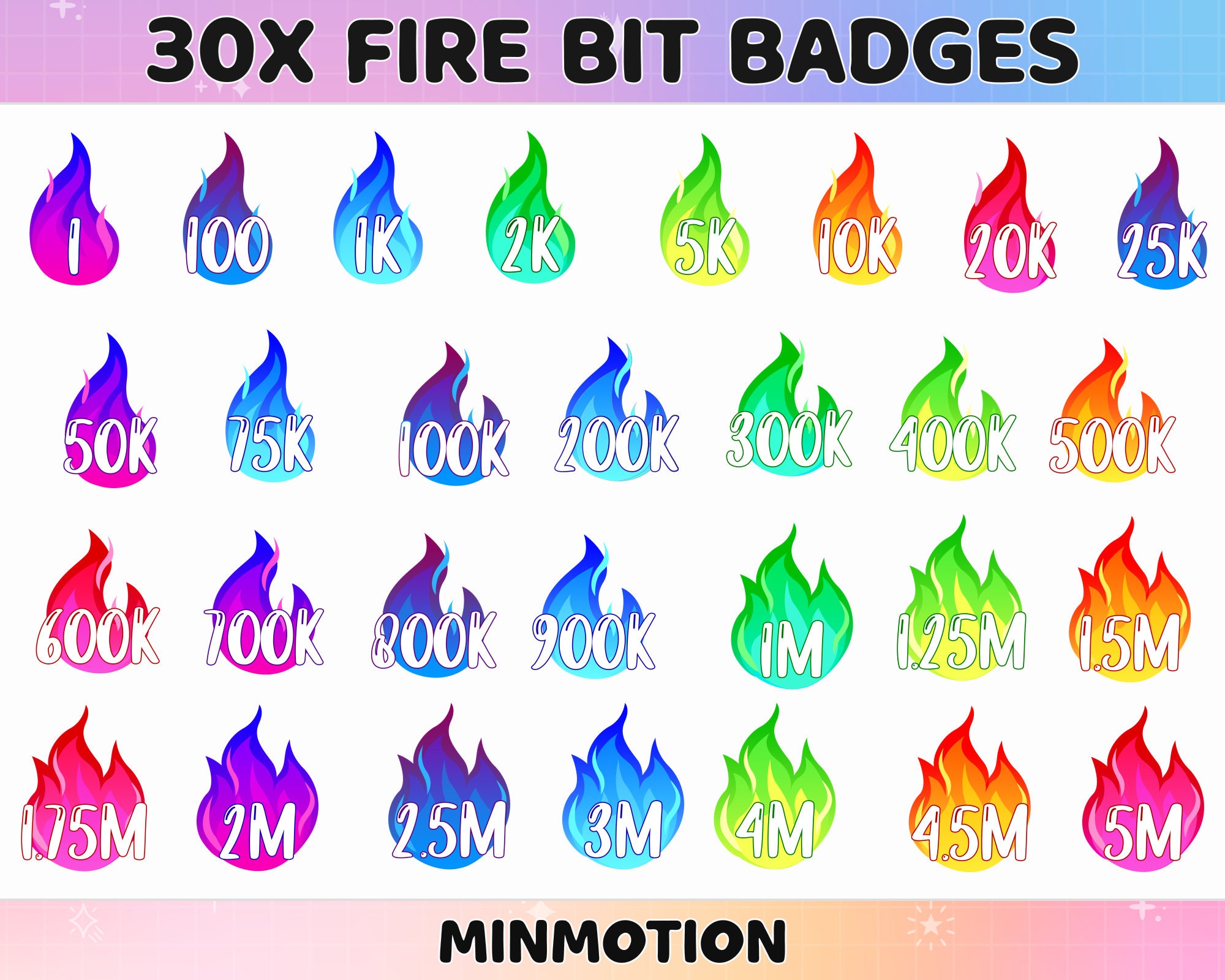 30x Fire Bit Badges/ Complete Twitch Bit Badges Set/ Twitch Tier Badges ...