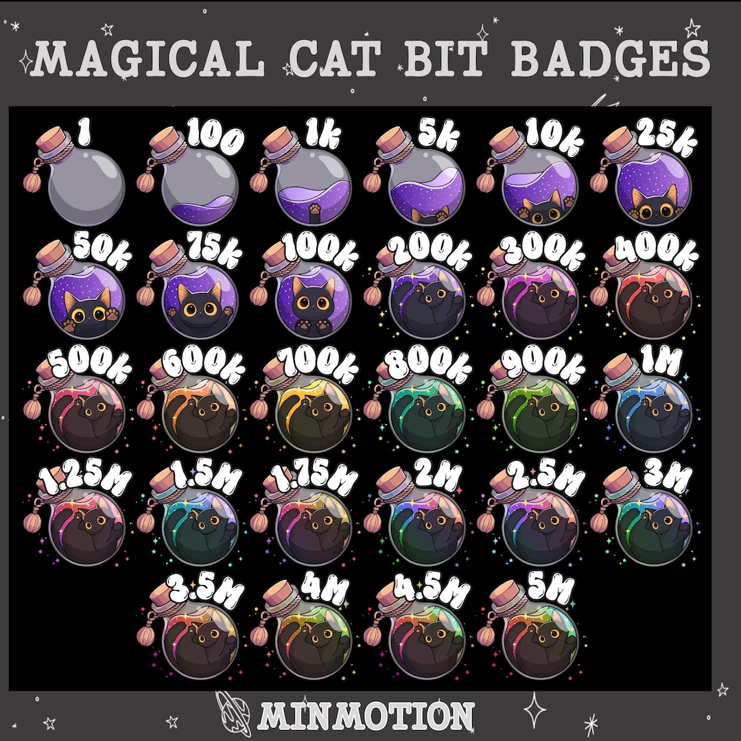 Magical Cat Twitch Sub Bit Badges / Cute Potion Black Cat Cheer Badges ...