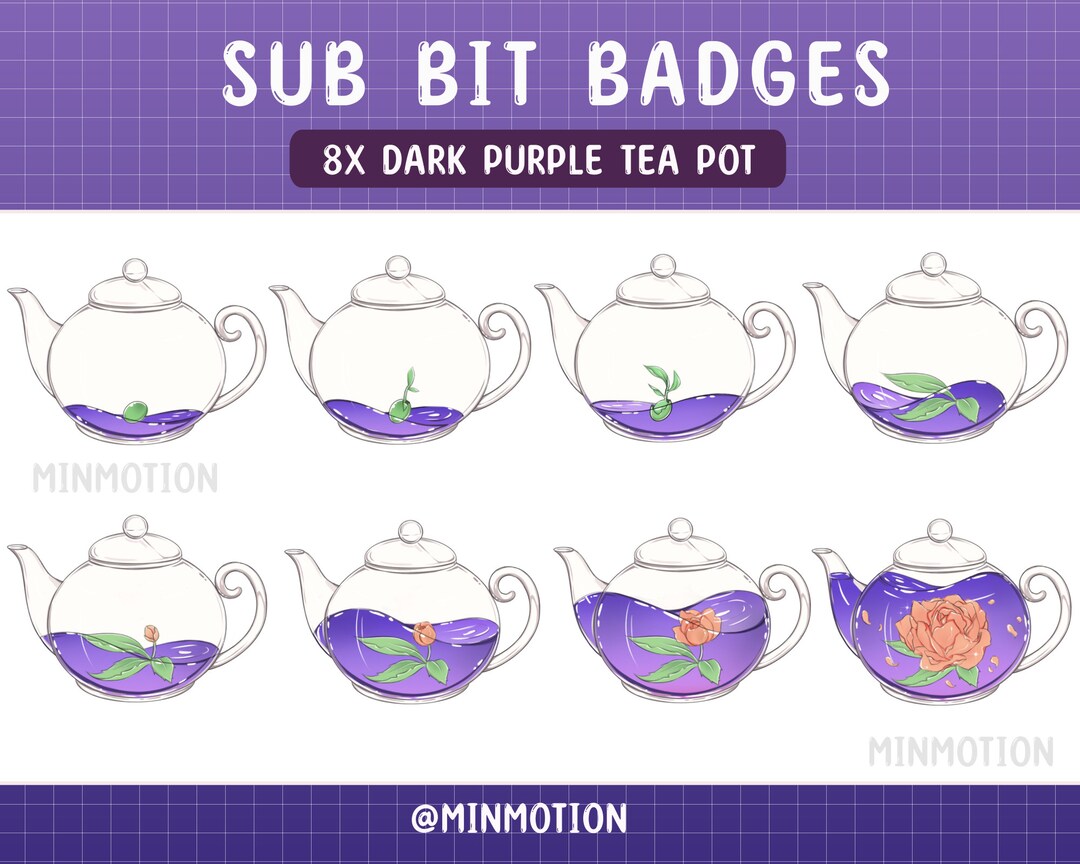 Dark Purple Tea Pot Sub Bit Badges / Flower Blossom Twitch Sub Badges ...